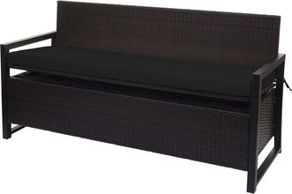 Mendler Poly-Rattan 3er Sitzbank HWC-F39, Gartenbank Truhenbank, Staufach Aufbewahrung Sitzkissen - braun, Kissen schwarz
