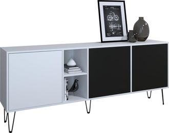 Vladon Sideboard Havana, TV-Schrank mit 3 Türen und 2 offene Fächer, Kommode Made in Germany, Weiß matt/Schwarz matt (181,5 x 73 x 35 cm)
