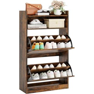 Costway Meuble &agrave; Chaussures avec 2 Tiroirs Abattants, Meuble &agrave; Chaussures Mince et Cach&eacute; avec Rangement Ouvert, pour Entr&eacute;e, Couloir, Hall, Salon, Marron