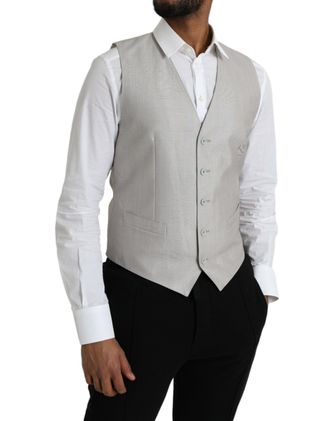 Dolce & Gabbana Mens Light Gray Wool Formal Dress Waistcoat Vest Virgin Silk