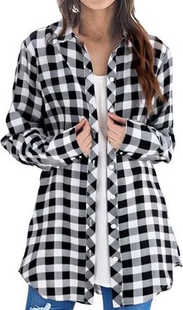 Generic Chemisier &agrave; carreaux pour femme - Manches longues - Col en V - Chemise &agrave; carreaux boutonn&eacute;e - Grandes tailles - T-shirt &agrave; manches longues - Chemisier 