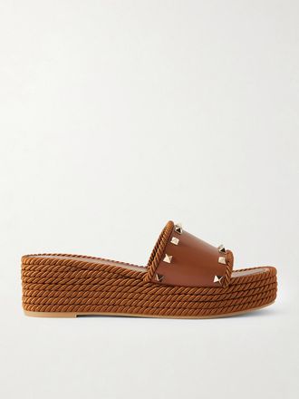 Valentino Garavani Claquettes Plates-formes Fa&ccedil;on Espadrilles En Cuir &Agrave; Finitions En Corde Rockstud Torchon - Marron