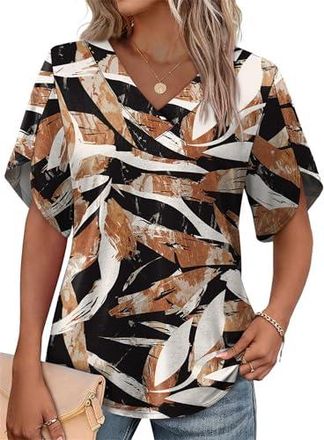 Generic T-shirt d&eacute;t&eacute; &agrave; col en V pour femme, tendance, d&eacute;contract&eacute;, habill&eacute;, &agrave; manches courtes, haut l&eacute;ger, extensible, pour lautomne, Couleur a, XXL