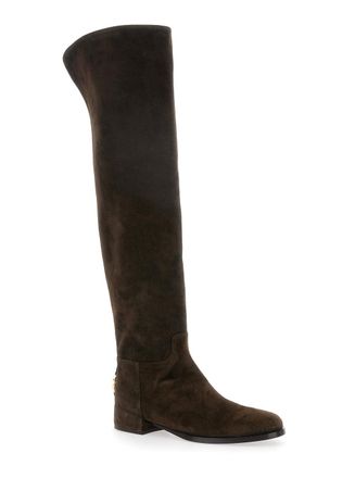 Dolce & Gabbana Womens Brown Knee-High Boots With Logo Plaque Lamb