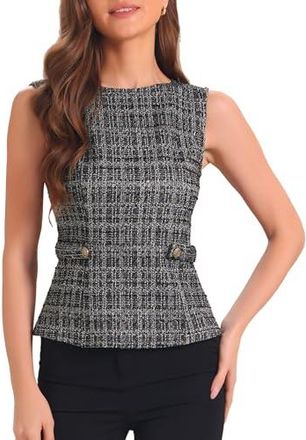 Allegra K Top en Tweed pour Femme Élégant Chemisier Imprimé Écossais Débardeur Col Rond avec Boucle au Dos Blouse sans Manches Gilet à Carreaux Noir S