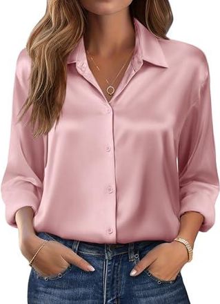 Zeagoo Chemisier en satin &agrave; col en V pour femme - Chemisier d&eacute;contract&eacute; en satin - Chemisier en soie - Haut &agrave; manches longues, rose, M