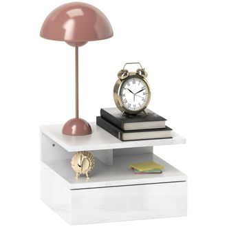 HOMCOM Schwebender Nachttisch, Wandmontage Nachttisch mit Schublade und offenem Regal f&uuml;r das Schlafzimmer, Hochglanz Wei&szlig;