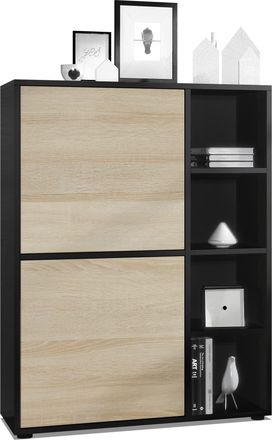 Vladon Highboard Schrank Anrichte Cuba mit 8 Fächern, Made in Germany, Korpus in Schwarz matt/Fronten in Eiche sägerau