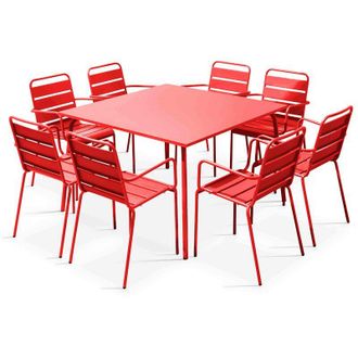 Oviala Ensemble table de jardin carr&eacute;e et 8 fauteuils en m&eacute;tal rouge - Palavas