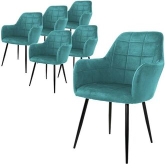 ML Design Ecd Germany 6er Set Esszimmerst&uuml;hle mit R&uuml;cken- und Armlehnen, T&uuml;rkis, K&uuml;chenst&uuml;hle mit Samtbezug, Polsterst&uuml;hle mit Metallbeinen, Ergonomische