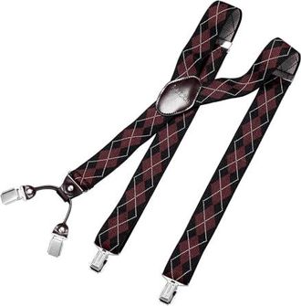 DonDon bretelles hommes larges 3,5 cm avec 4 clips extra-fortes et patch en cuir marron - Plaid-noir rouge blanc