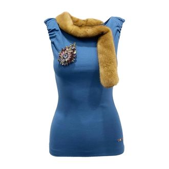 Dsquared2 Femme, Tops, Bleu, Taille: 38 FR Top sans manches &agrave; col en vison avec broche en cristal