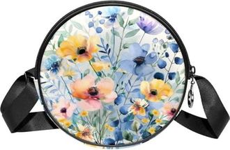 Generic Sac &agrave; bandouli&egrave;re rond pour femme, motif fleurs aquarelles, petit sac &agrave; dos &agrave; bandouli&egrave;re avec fermeture &eacute;clair, bretelles r&eacute;glables, sac &agrave; main rond 