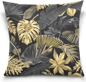 PUXUQU Kissenbezug 40x40 cm Golden und Schwarz Blätter Dekorative quadratische Kissenbezüge Kissenhülle für Couch Sofa Schlafzimmer Auto