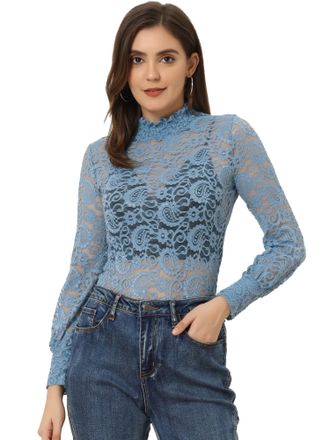 Allegra K Damen Dirndlblusen Langarm Durchsichtig Spitze Oberteil Mesh Lace Hochgeschlossene Top Bluse Graublau XL