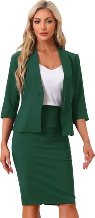 Allegra K Damen Business Rock Anzug Set 2-Teiliges B&uuml;ro Arbeits Outfit Kragenloser Blazer Bleistiftrock Dunkelgr&uuml;n XL