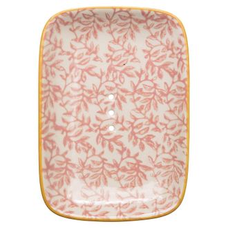 Tranquillo Eckige Seifenschale Floral, mit abgerundeten Ecken aus Steingut mit L&ouml;chern f&uuml;r den Wasserablauf 13,5 x 9,5 x 2 cm