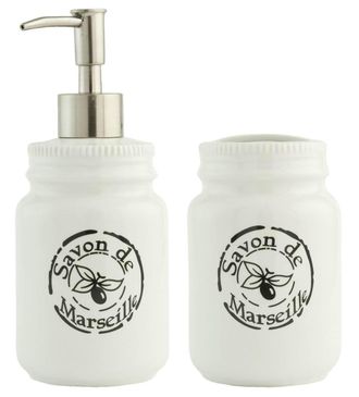 Clayre & Eef 62976 2-teil. Badezimmer- Set Keramik wei&szlig; Savon de Marseille Seifenspender und Becher