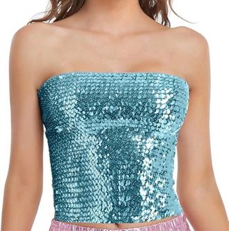 Generic Fashion Mardi Holiday T-shirt de compression extensible &agrave; paillettes &eacute;tincelantes pour femme, bleu ciel, Taille unique
