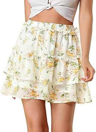 Allegra K Mini-Jupe Florale Patineuse trapèze à Ourlet à Volants superposés pour Femmes Blanc S