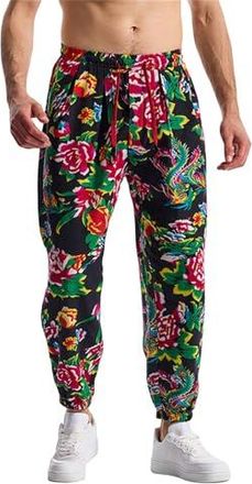 Generic Pantalon sarouel hippie pour homme - Coupe ample - Taille &eacute;lastique - Pantalon de plage &agrave; revers - Pantalon de danse hippie streetwear l&eacute;ger - Pantalo