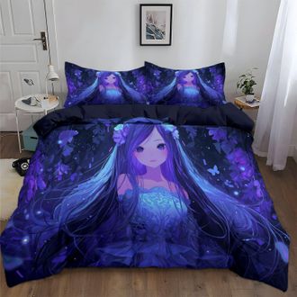 Generic Bettw&auml;sche - Sets 200 x 200 cm, 100% Microfaser Wende Bettbezug Rei&szlig;verschluss, Schwarz Niedlich Anime Japanische Elemente M&auml;dchen Muster Bettbezug, G