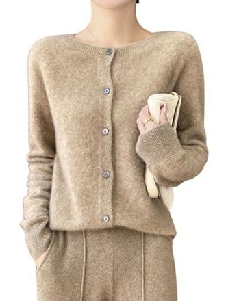 ORANDESIGNE Gilet Femme Chic et Elegant Gilet Court Col Rond Gilets Manches Longues Cardigan Laine Mi-Saison A Kaki XS