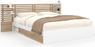 IDMarket Lit double SAVANA avec t&ecirc;te de lit, chevets, rangements et sommier 160 x 200 cm fa&ccedil;on h&ecirc;tre et blanc