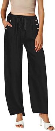 Generic Pantalon &agrave; jambe large pour femme - Pantalon en coton et lin - Taille haute &eacute;lastique - Avec poches et cordon de serrage - Coupe ample, Noir, 3XL