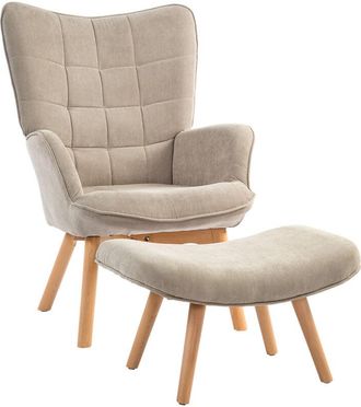 HOMCOM Sessel mit Hocker, Ohrensessel mit Hoher R&uuml;ckenlehne, Holzbeine, Loungesessel mit getuftetem Design, Cord-Optik, f&uuml;r Wohnzimmer, Hellbraun - Homcom