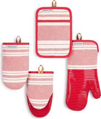 KitchenAid Ofenhandschuh, Vintage-Streifen, Mini-Ofenhandschuh und Topflappen, 100 % Baumwolle, hitzebest&auml;ndig, Passionsrot/Elfenbein, 17,8 x 35,6 cm, 14 x 22,9 