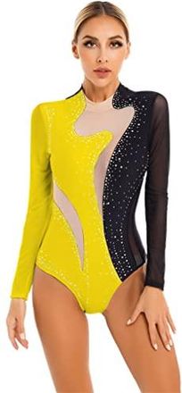 TiaoBug Femme Justaucorps Gymnastique Manche Longue Strass Brillant Léotard Danse Ballet Col Haut Bodysuit Combinaison Sport Yoga Vêtement Patinage Artistique
