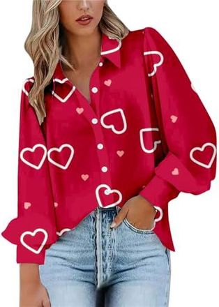 Generic Cadeaux de Saint-Valentin pour elle : chemisiers de Saint-Valentin pour femmes, grande taille, &eacute;l&eacute;gants, imprim&eacute;s coeurs, tuniques boutonn&eacute;es, Rouge, 