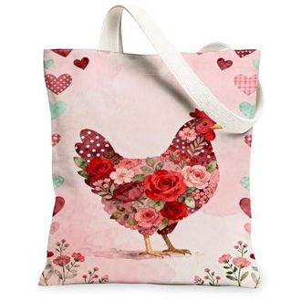 Generic Sacs fourre-tout en toile motif floral poulet, motif coeur mignon, sacs d&eacute;picerie r&eacute;utilisables, sacs d&eacute;picerie printaniers, vintage, l&eacute;gers, lavables