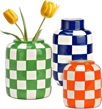 Matches 21 Blumenvasen 3er Set kariert, orange, grün, blau - Moderne Keramik Vase als Wohnzimmerdeko
