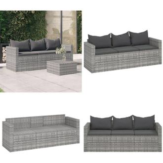 vidaXL Gartensofa 3-Sitzer mit Kissen Grau Poly Rattan - Gartensofa - Outdoor-Sofa - Lounge M&ouml;bel - Gartenm&ouml;bel - Rattan-Sofa - Home & Living