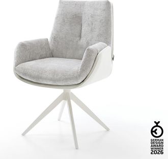 DELIFE Drehstuhl Clea-Flex Materialmix Echtleder Wei&szlig;-Silbergrau Kreuzgestell breit Wei&szlig; 360&deg; drehbar Wippfunktion, Esszimmerst&uuml;hle
