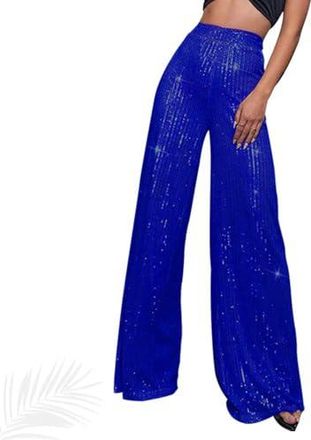 Generic Pantalon palazzo taille haute &agrave; paillettes pour femme - Pantalon de f&ecirc;te scintillant, bleu, 4XL