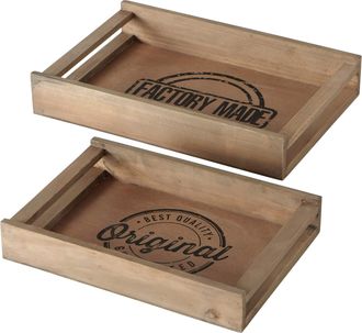 B&B 2 STK Holztablett ORIGINAL braun Holz Metall Griffe Tragetablett 2er Set Holzboxen Holzkästen Holzschalen Tabletts Shabby Chic Vintage Nostalgie Indus