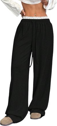 SOLY HUX Damen Doppeltaille Hosen mit Spitze Freizeithose Weite Sweathose Y2K Locker Casualhose mit Taschen Jogginghose Schwarz XS