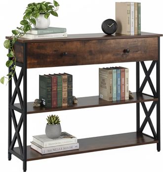 Relaxdays Konsolentisch, Industrial, HBT: 80x100x30 cm, Metall, MDF, schmale Konsole mit Schublade, Flur, braun/schwarz