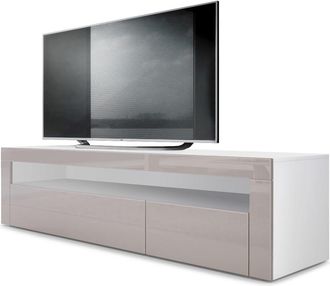 Vladon Lowboard Valencia, Made in Germany, TV-Kommode mit 1 offenem Fach und 2 Klappen, Weiß matt/Sandgrau Hochglanz/Sandgrau Hochglanz (155 x 46 x 40 cm)