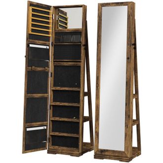 HOMCOM Armoire à bijoux pivotante verrouillable avec miroir - armoire bijoux multi-rangement - mdf effet bois vieilli