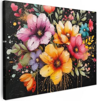 MuchoWow © Leinwandbilder 80x60 cm Wall Art Decoration Bilder für die Wand Schlafzimmer Deko Canvas Painting Wanddekoration Wohnzimmer Blumen - Graffiti - Farb