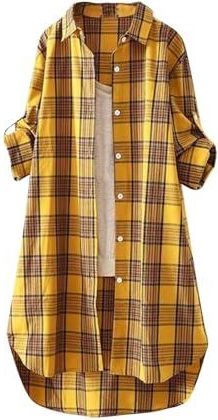 Generico Chemise à carreaux pour femme - Grande taille - Manches longues - Chemisier à carreaux - Chemise boutonnée - Chemisier long élégant - Tunique à revers