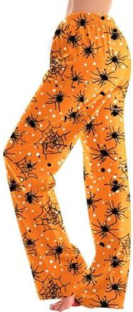 Generic Pantalon dHalloween &agrave; jambe large pour femme, motif chauve-souris, fant&ocirc;me, pantalon de pyjama imprim&eacute; kawaii, doublure en polaire, doux, chaud, cordo
