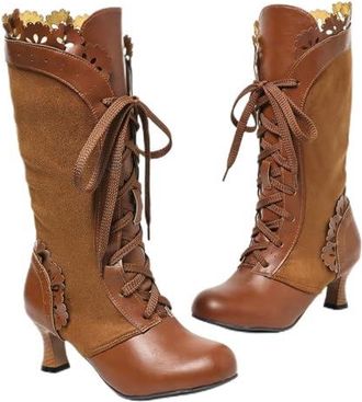 Generic Bottes déquitation vintage à volants gothiques mi-mollet à lacets Bout rond Talon chaton Brouge Chaussures pour fête Costume, marron, 37.5 EU