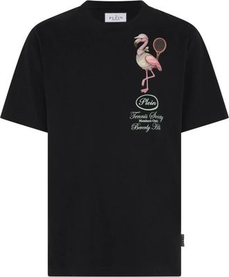 Philipp Plein Homme, Tops, Noir, Taille: 2XL Round Neck T-Shirt Flamingo Tennis Society