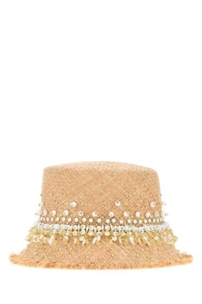 Prada Embellished Raffia Bucket Hat - Beige