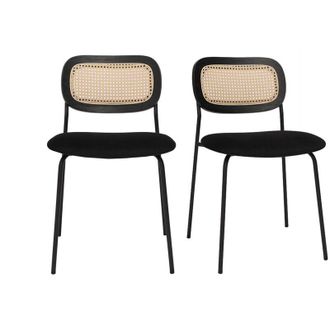 Miliboo Design St&uuml;hle aus schwarzem Samt, schwarzem Metall und Rattan-Geflecht (Set von 2) MIRANDA